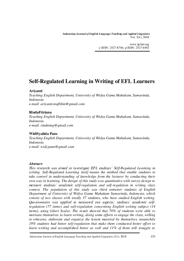 (PDF) Self-Regulated Learning in Writing of EFL Learners