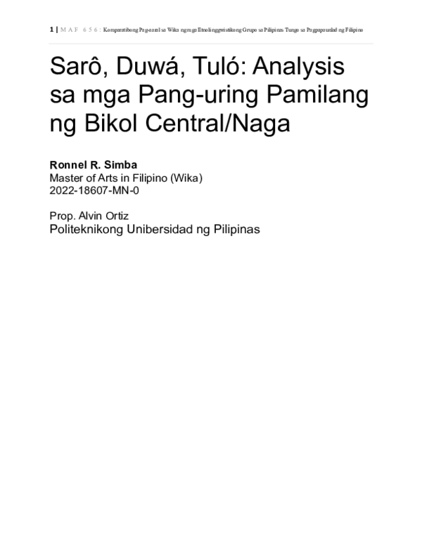(PDF) Saro, Duwa, Tulo Analysis sa Pang-uring Pamilang sa Bikol Central ...