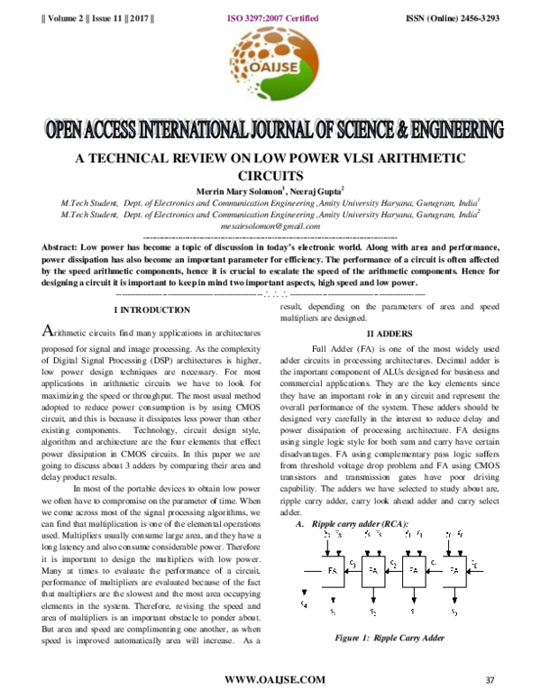 (PDF) A TECHNICAL REVIEW ON LOW POWER VLSI ARITHMETIC CIRCUITS