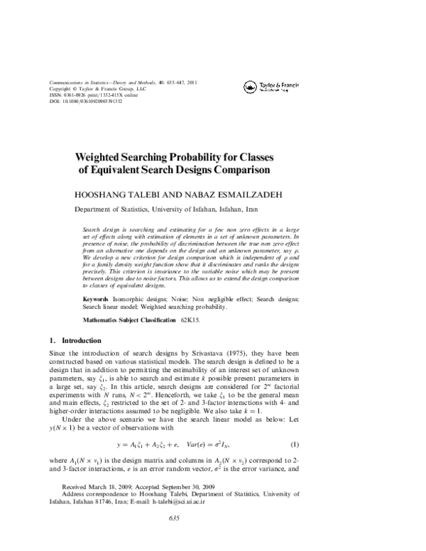 (PDF) Weighted Searching Probability for Classes of Equivalent Search Designs Comparison