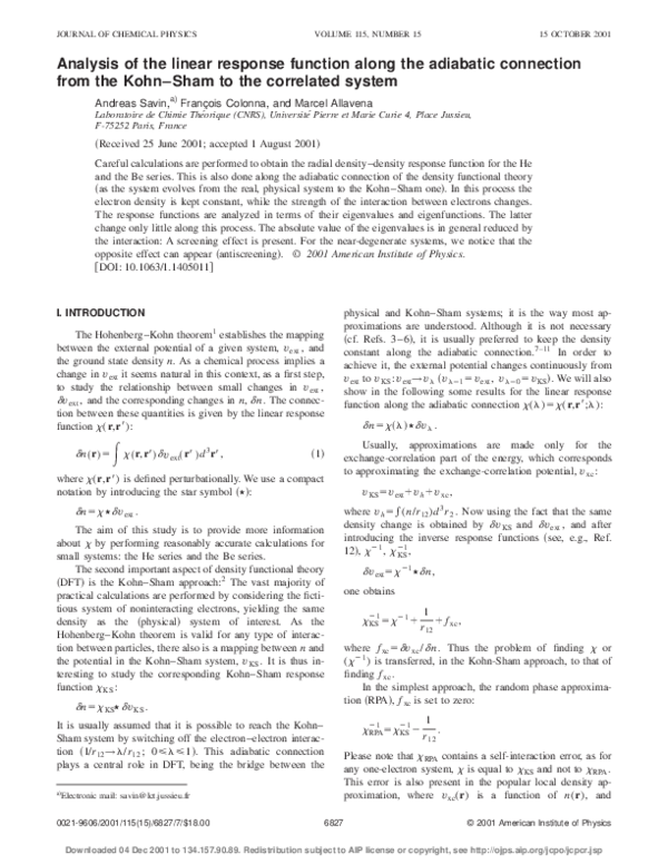 (PDF) Analysis of the linear response function along the adiabatic connection from the Kohn–Sham ...