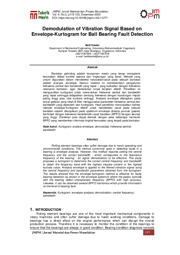 (PDF) Demodulation of Vibration Signal Based on Envelope-Kurtogram for Ball Bearing Fault Detection