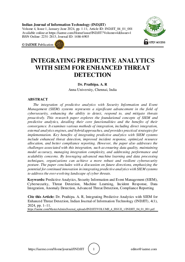 Pdf Integrating Predictive Analytics With Siem For Enhanced Threat Detection