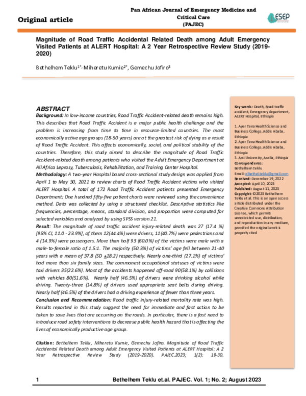 (PDF) Magnitude of Road Traffic Accidental (RTA) Death and Its ...