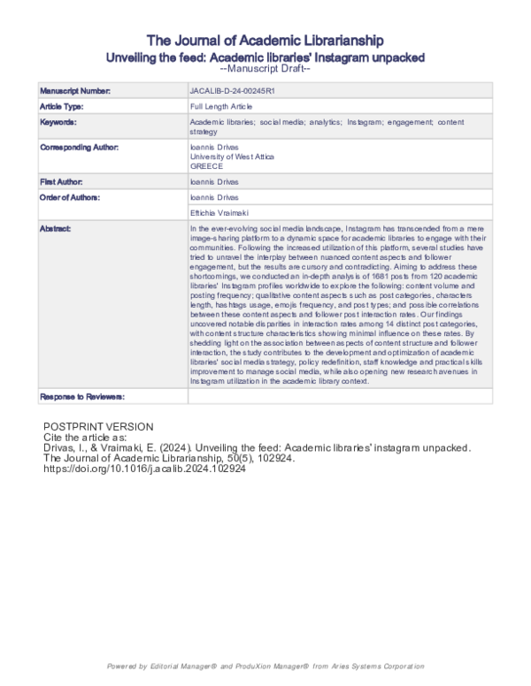 (PDF) Unveiling the feed: Academic libraries' Instagram unpacked