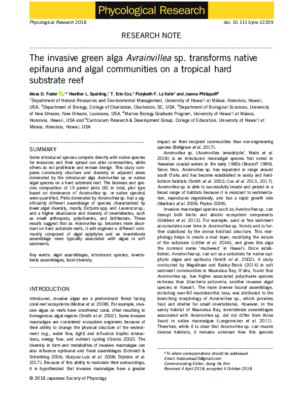 (PDF) The invasive green alga Avrainvillea sp. transforms native ...
