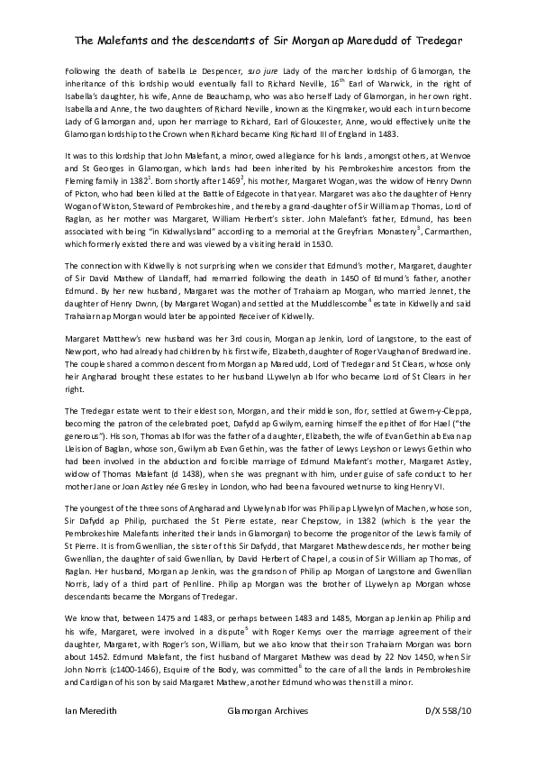 (PDF) The Malefants and the descendants of Sir Morgan ap Maredudd of ...
