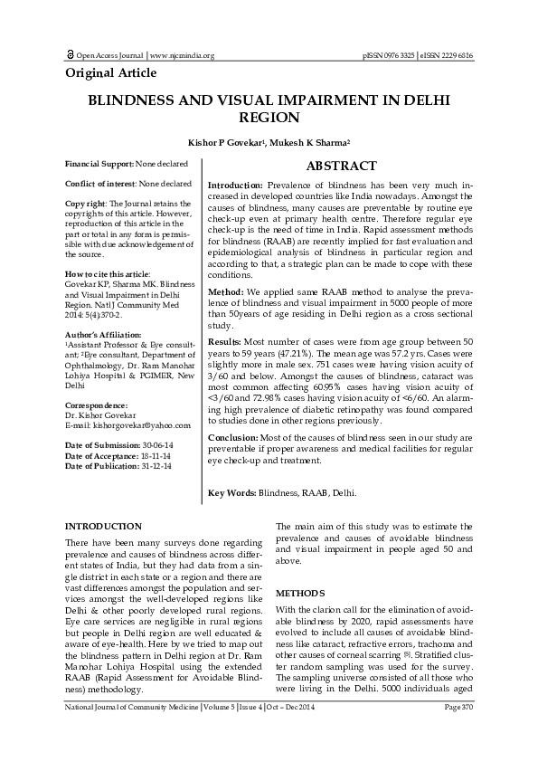 (PDF) BLINDNESS AND VISUAL IMPAIRMENT IN DELHI REGION