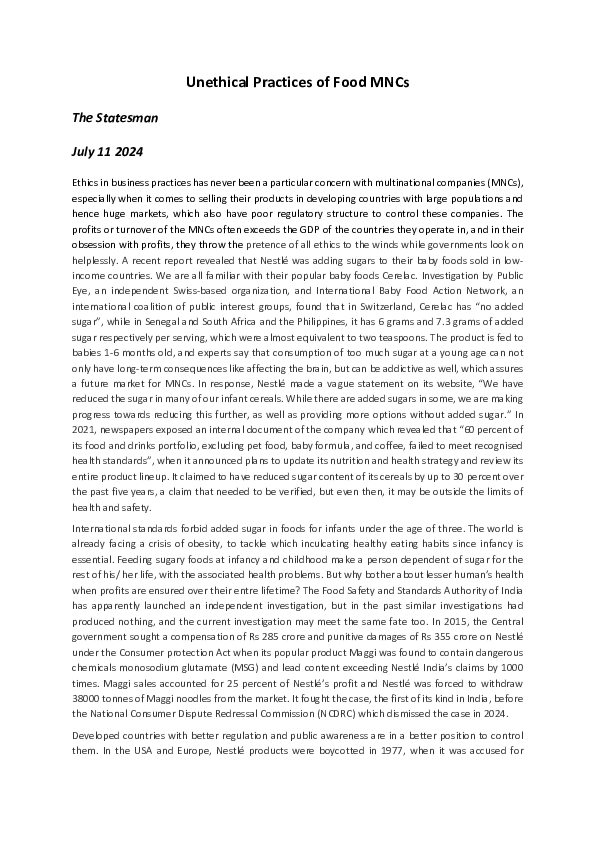 (PDF) Unethical Practices of Food MNCs