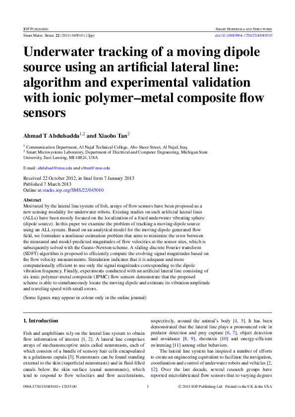 (PDF) Underwater tracking of a moving dipole source using an artificial ...