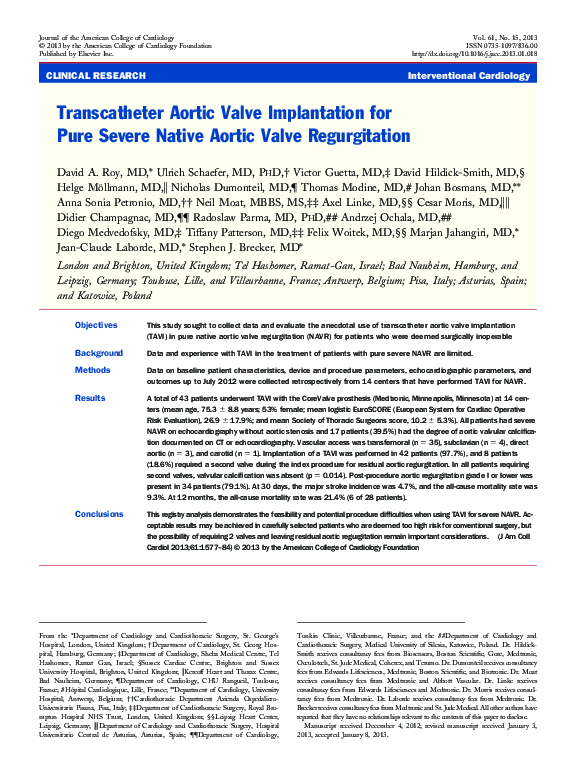 (PDF) Transcatheter Aortic Valve Implantation for Pure Severe Native Aortic Valve Regurgitation ...