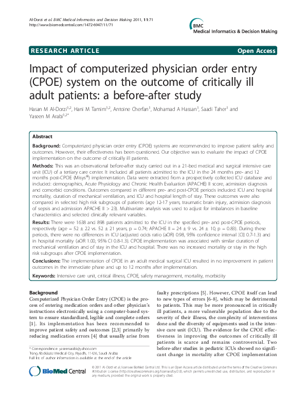 (PDF) Impact of computerized physician order entry (CPOE) system on the ...