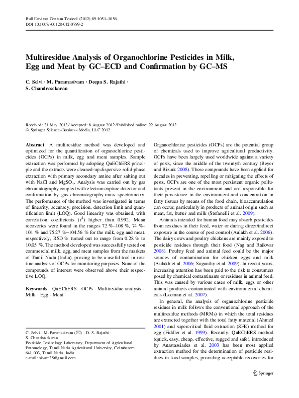 (PDF) Multi residue analysis of organochlorine pesticides in fish, milk, egg and their feed by ...