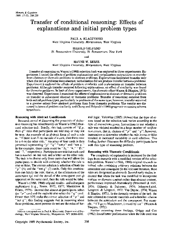 (PDF) Transfer of conditional reasoning: Effects explanations and initial problem types