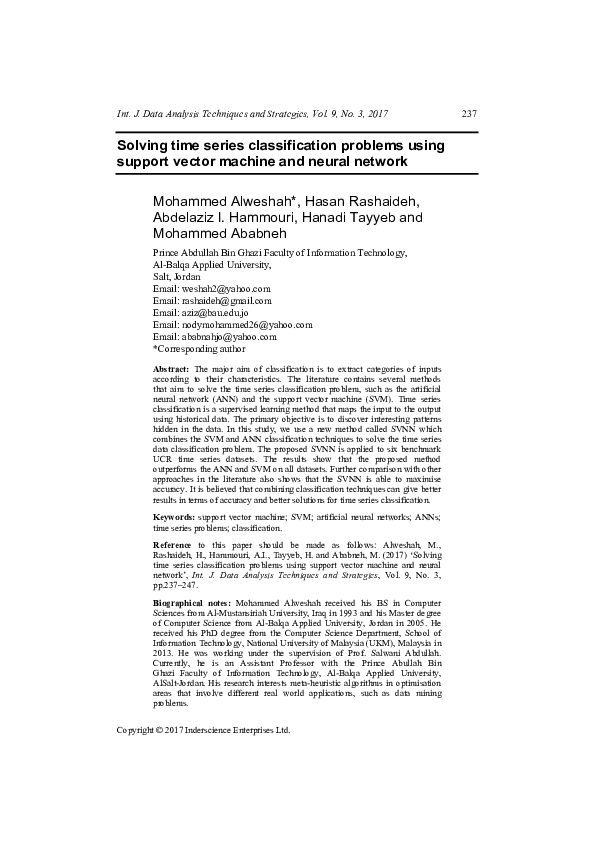 (PDF) Solving time series classification problems using support vector ...