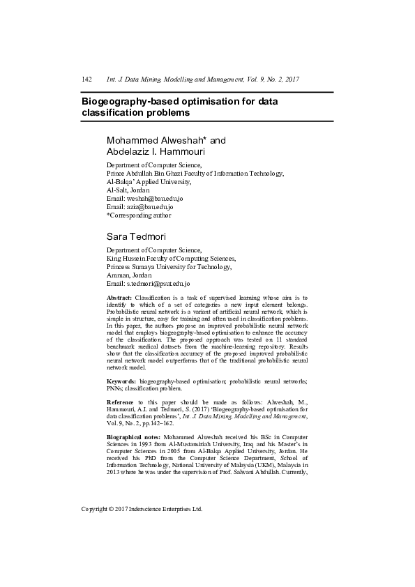 (PDF) Biogeography-based optimisation for data classification problems