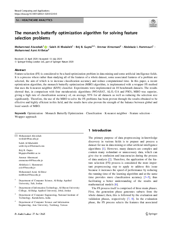(PDF) The monarch butterfly optimization algorithm for solving feature selection problems