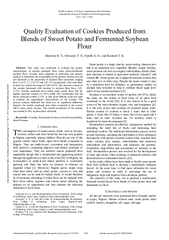 (PDF) Quality Evaluation Of Cookies Produced From Blends Of Sweet Potato And Fermented Soybean Flour