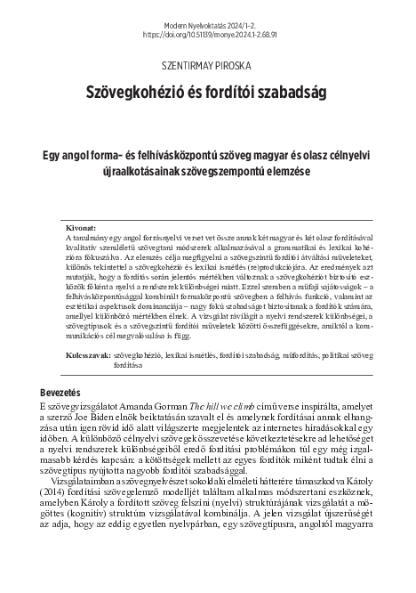 (PDF) Szövegkohézió és fordítói szabadság Egy angol forma- és ...