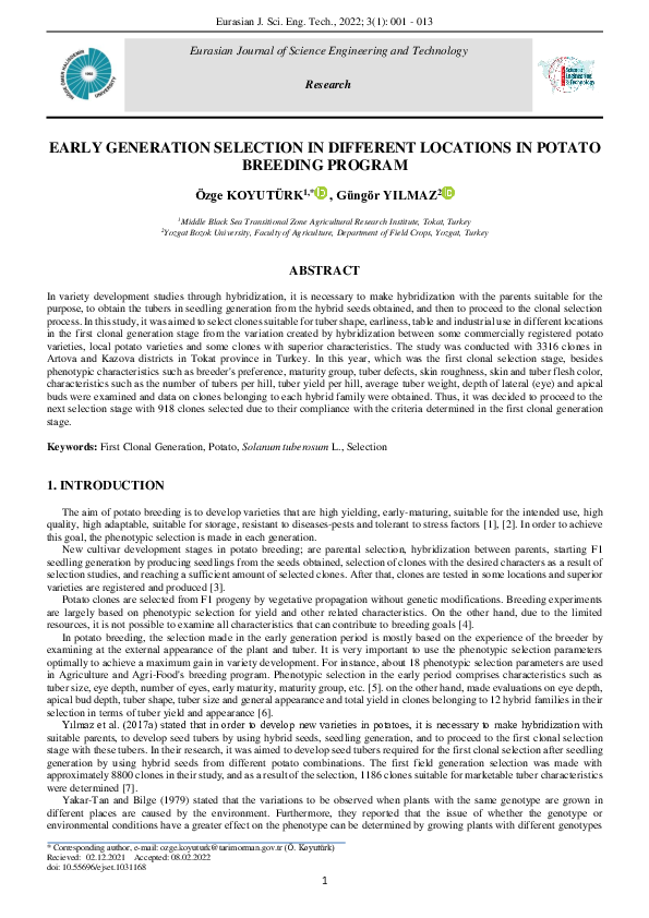 (PDF) Early Generation Selection in Different Locations in Potato Breeding Program
