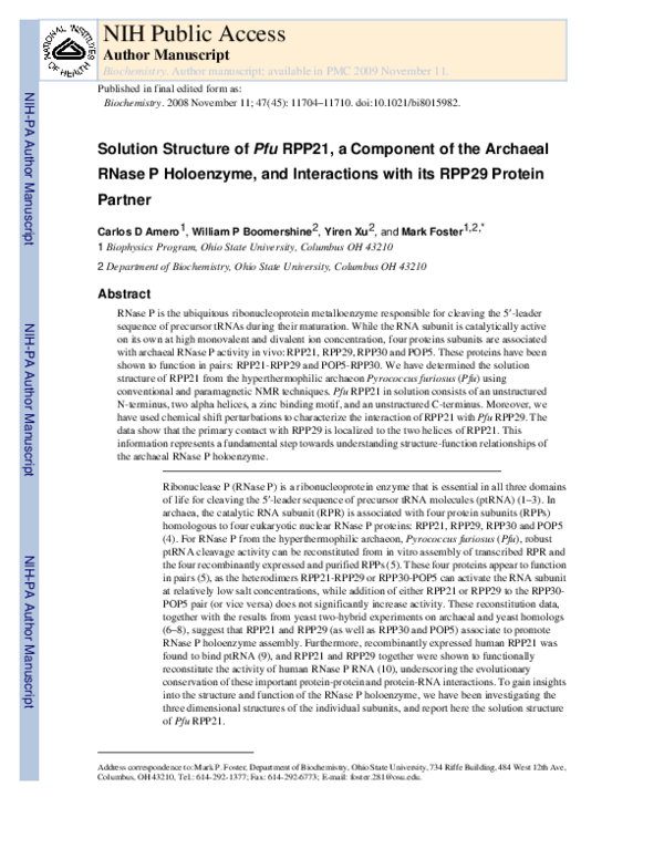 (PDF) Solution Structure of Pyrococcus furiosus RPP21, a Component of ...