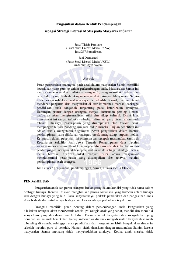 (PDF) Pengasuhan dalam Bentuk Pendampingan sebagai Strategi Literasi Media pada Masyarakat Samin