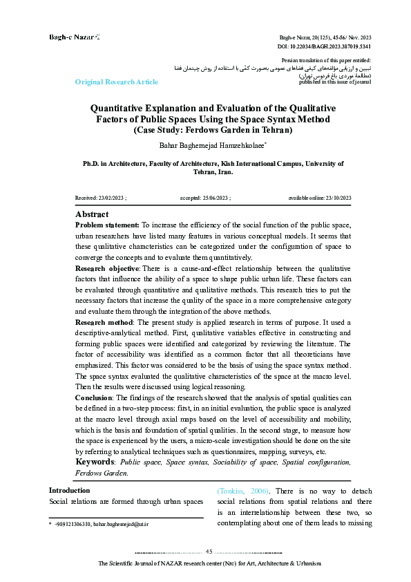 (PDF) Quantitative Explanation and Evaluation of the Qualitative Factors of Public Spaces Using ...