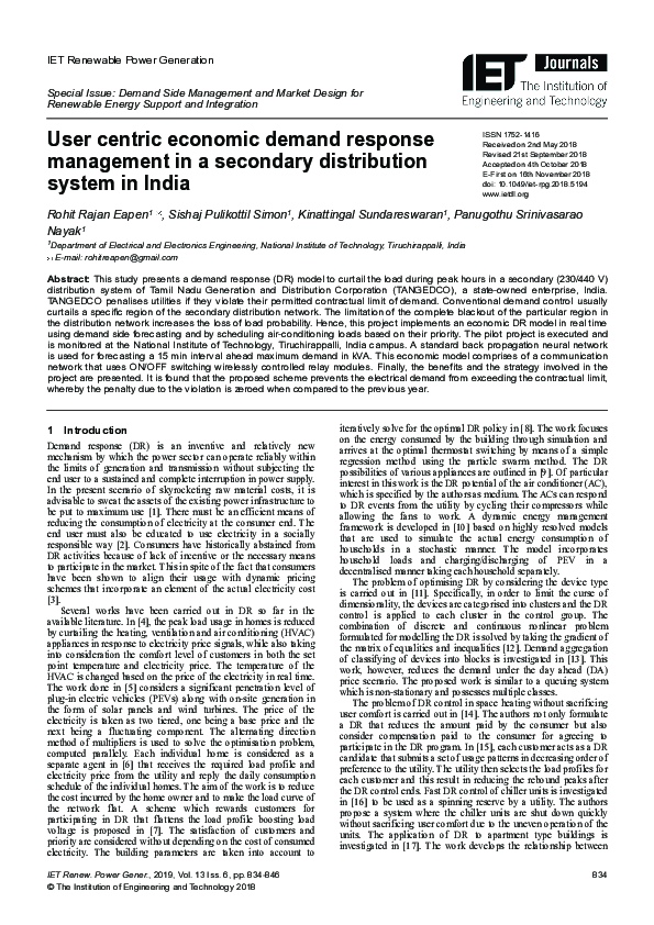 (PDF) User centric economic demand response management in a secondary distribution system in India
