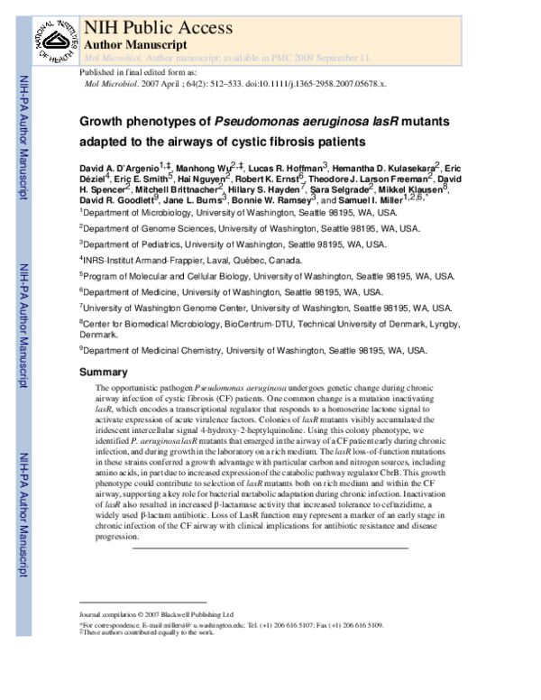 (PDF) Growth phenotypes of Pseudomonas aeruginosa lasR mutants adapted ...