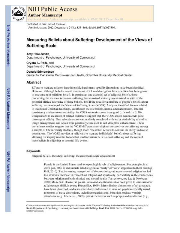(PDF) Measuring beliefs about suffering: Development of the Views of Suffering Scale