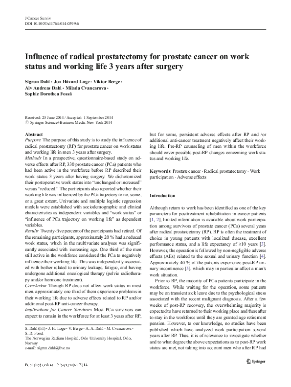 (PDF) Influence of radical prostatectomy for prostate cancer on work ...
