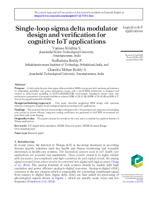 (PDF) Single-loop sigma delta modulator design and verification for cognitive IoT applications