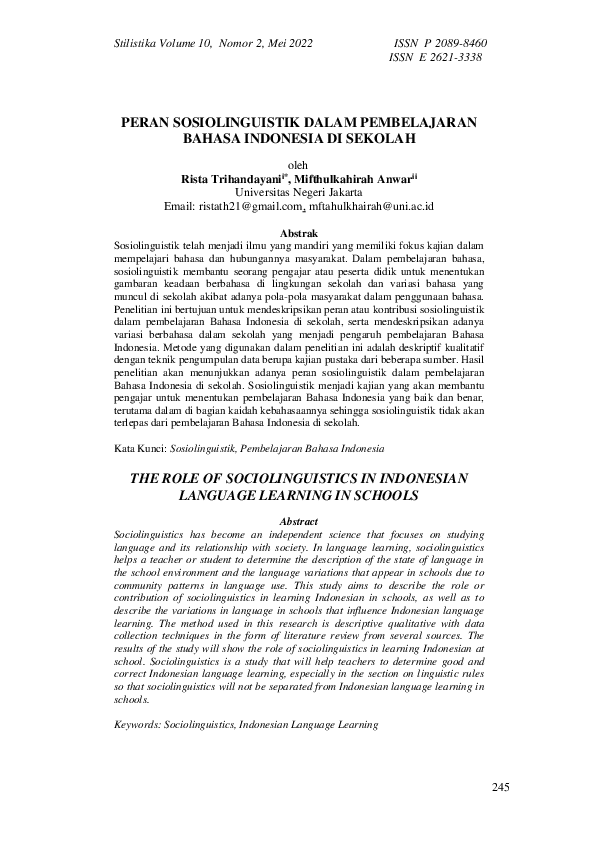 (PDF) Peran Sosiolinguistik Dalam Pembelajaran Bahasa Indonesia DI Sekolah