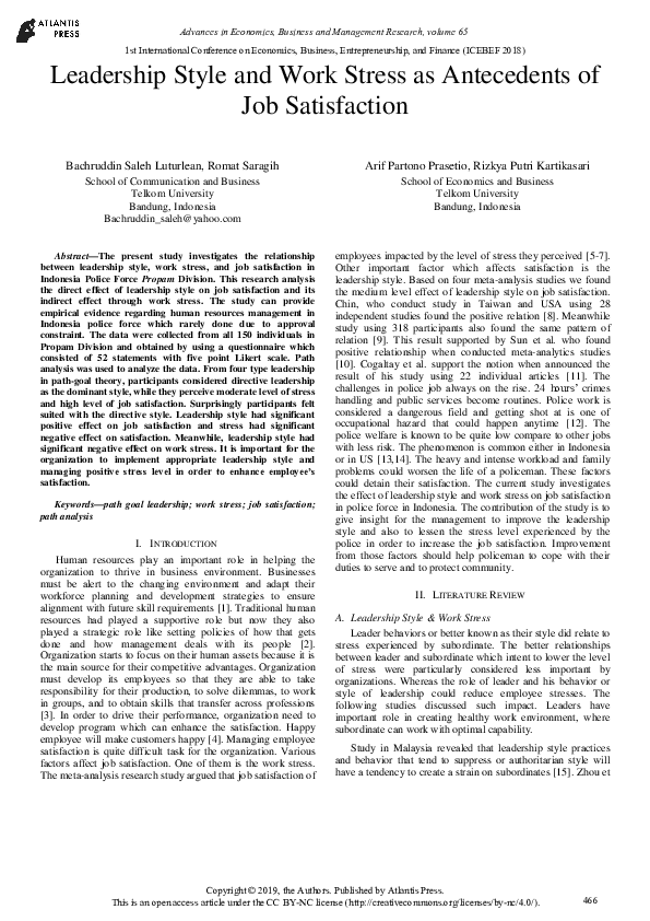 (PDF) Leadership Style and Work Stress as Antecedents of Job Satisfaction