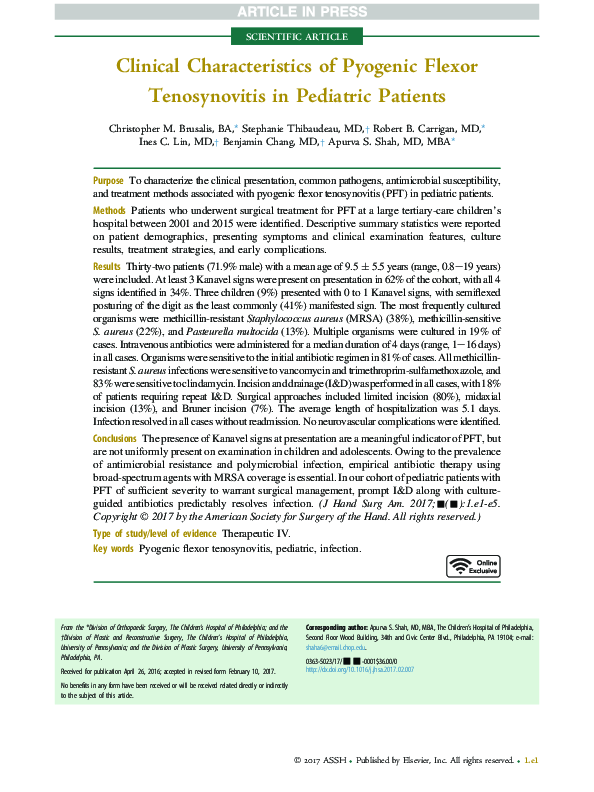 (PDF) Clinical Characteristics of Pyogenic Flexor Tenosynovitis in ...