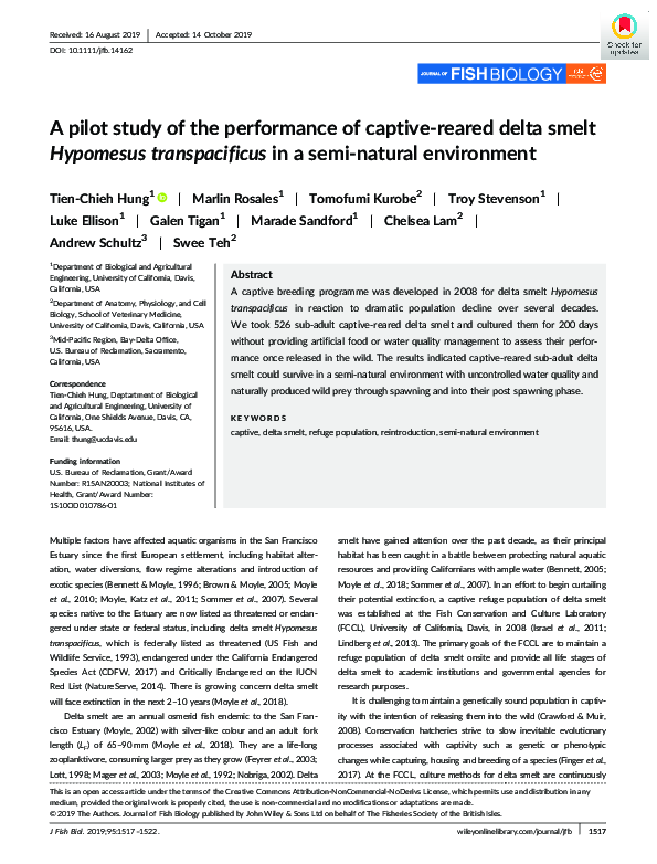 (PDF) A pilot study of the performance of captive‐reared delta smelt ...