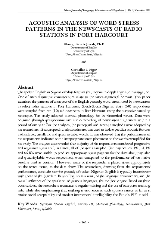 (PDF) ACOUSTIC ANALYSIS OF WORD STRESS PATTERNS IN THE NEWSCASTS OF RADIO STATIONS IN PORT HARCOURT