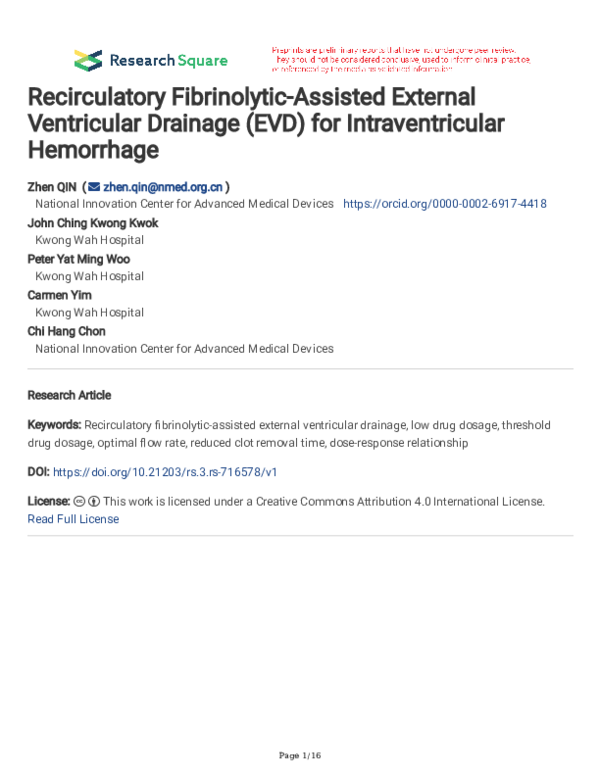 (PDF) Recirculatory Fibrinolytic-Assisted External Ventricular Drainage ...