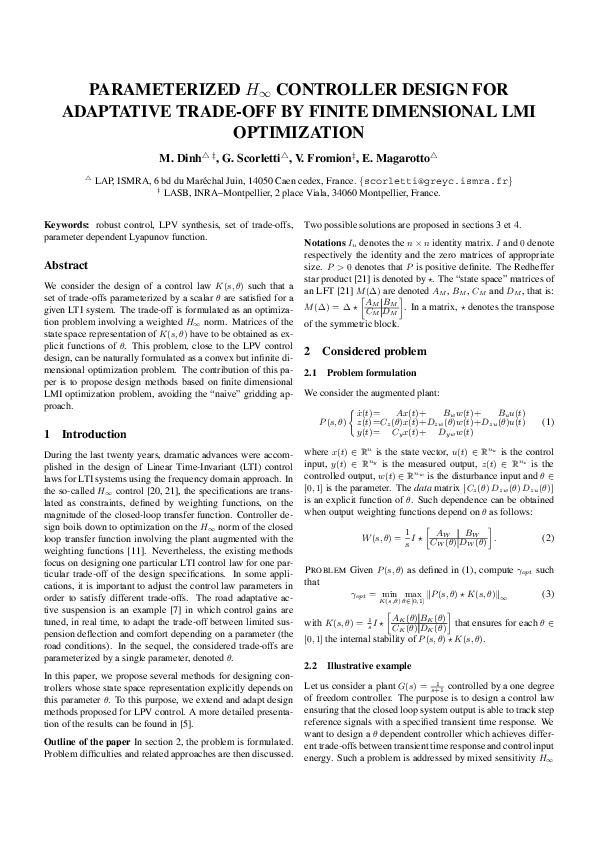 Pdf Parameterized H∞ Controller Design For Adaptative Trade Off By Finite Dimensional Lmi