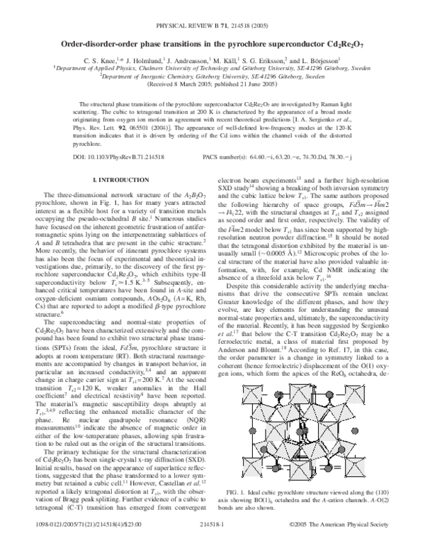 (PDF) Order-disorder-order phase transitions in the pyrochlore superconductorCd2Re2O7