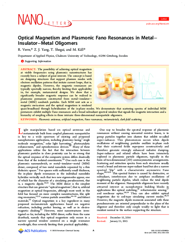 (PDF) Optical Magnetism and Plasmonic Fano Resonances in Metal–Insulator–Metal Oligomers ...