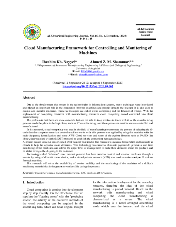 (PDF) Cloud Manufacturing framework for controlling and monitoring of machines