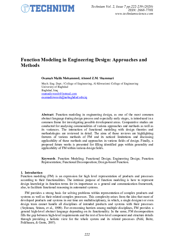 (PDF) Function Modeling in Engineering Design: Approaches and Methods