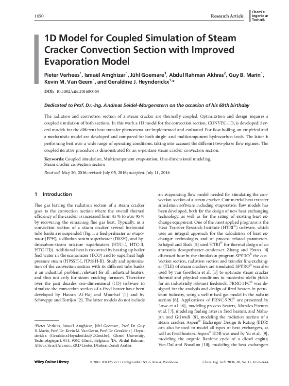 (PDF) 1D Model for Coupled Simulation of Steam Cracker Convection ...