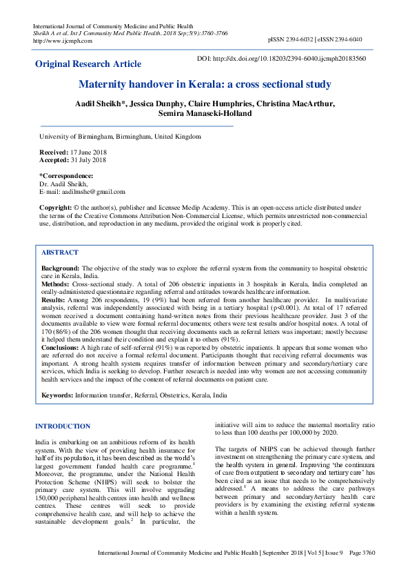 (PDF) Maternity handover in Kerala: a cross sectional study
