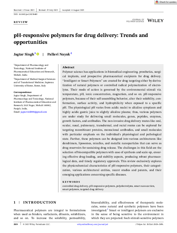 (PDF) pH-responsive polymers for drug delivery: Trends and opportunities
