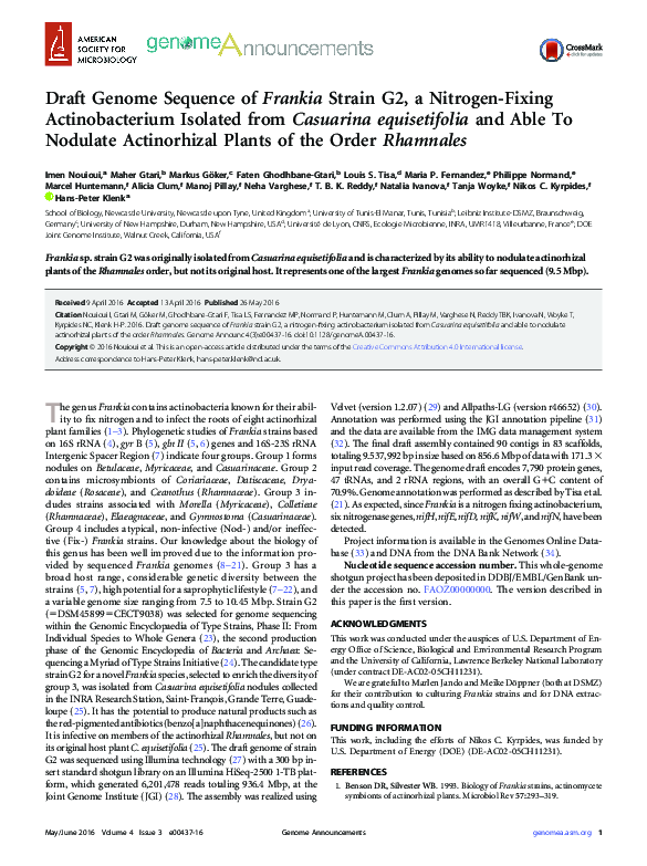 (PDF) Draft Genome Sequence of Frankia Strain G2, a Nitrogen-Fixing Actinobacterium Isolated ...