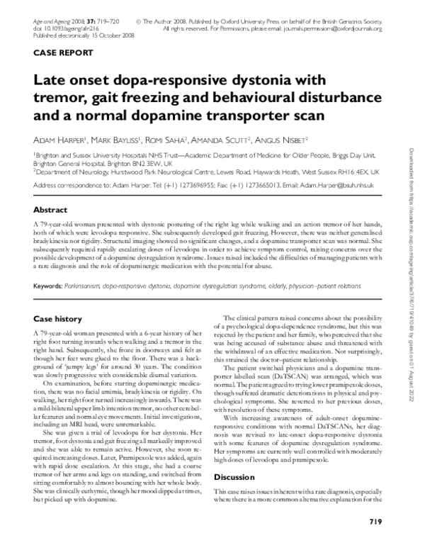 (PDF) Late onset dopa-responsive dystonia with tremor, gait freezing ...