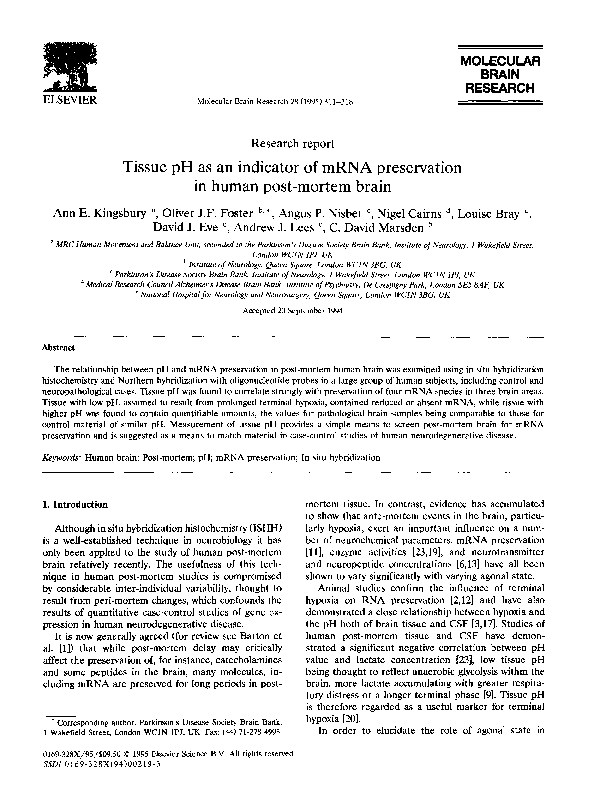 (PDF) Tissue pH as an indicator of mRNA preservation in human post-mortem brain