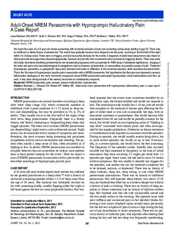 (PDF) Adult-Onset NREM Parasomnia with Hypnopompic Hallucinatory Pain ...